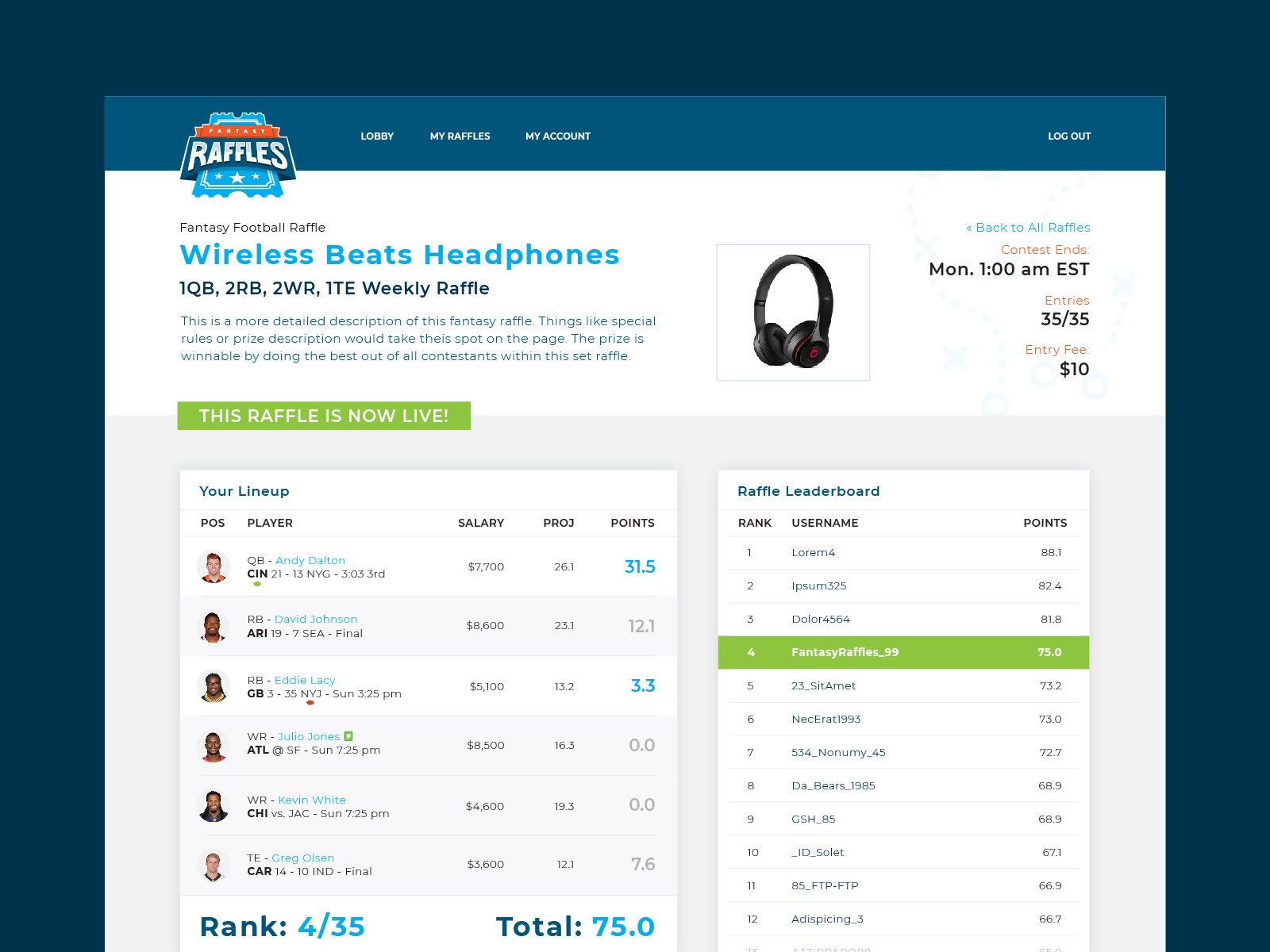 Fantasy Raffles :: Live Raffle by Eric Small for LLT Group on Dribbble