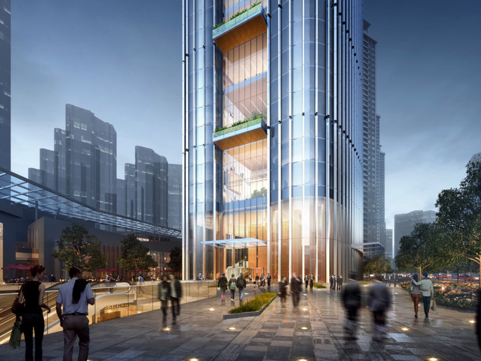 Architectural rendering of building entry plaza by Silin on Dribbble