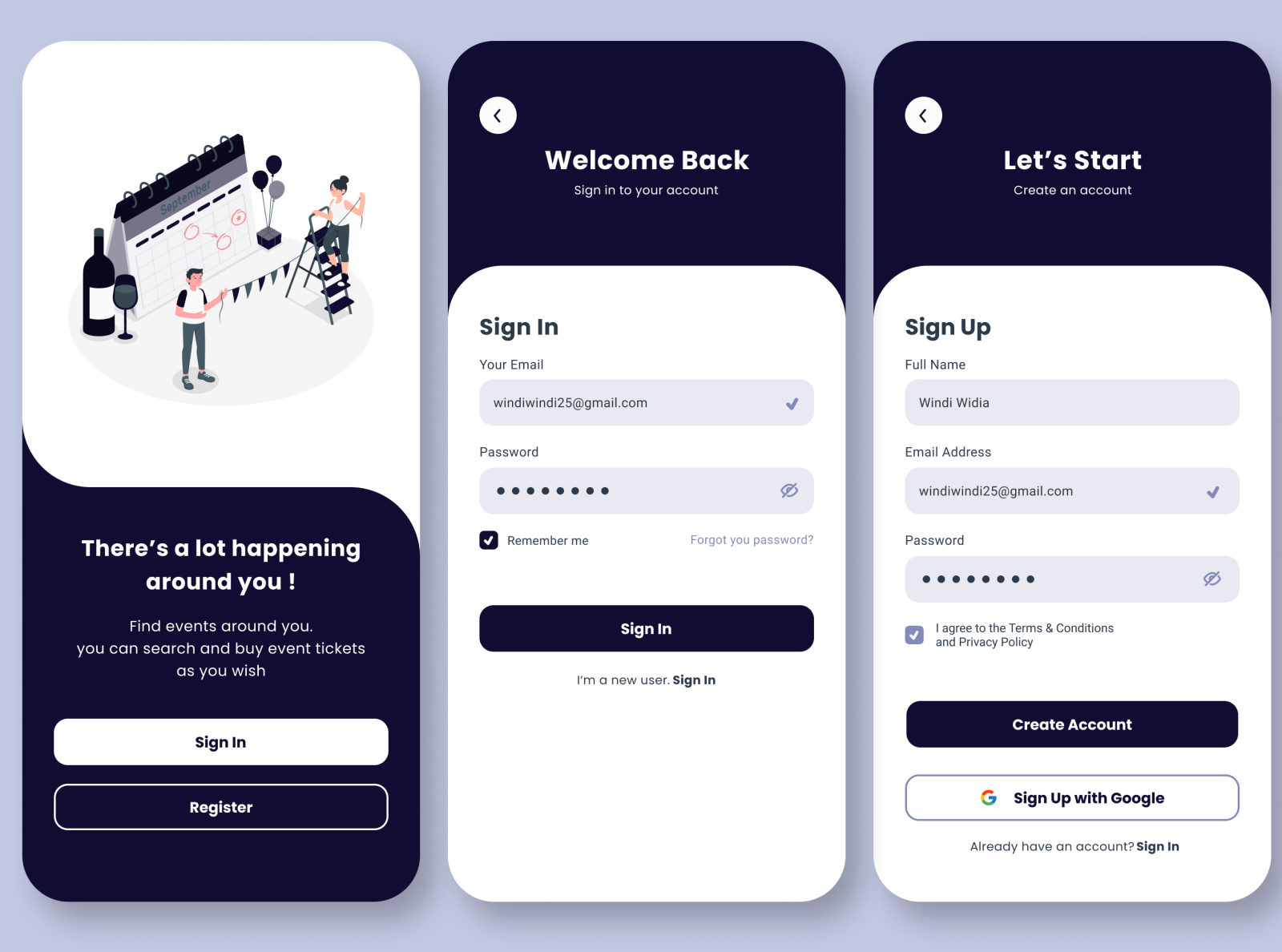 Sign In and Sign Up Mobile App - Event App by Windi Widiastuti on Dribbble
