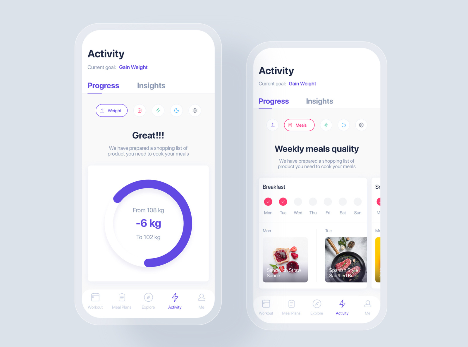Workouts & Meal Planner mobile concept by HoangPts on Dribbble