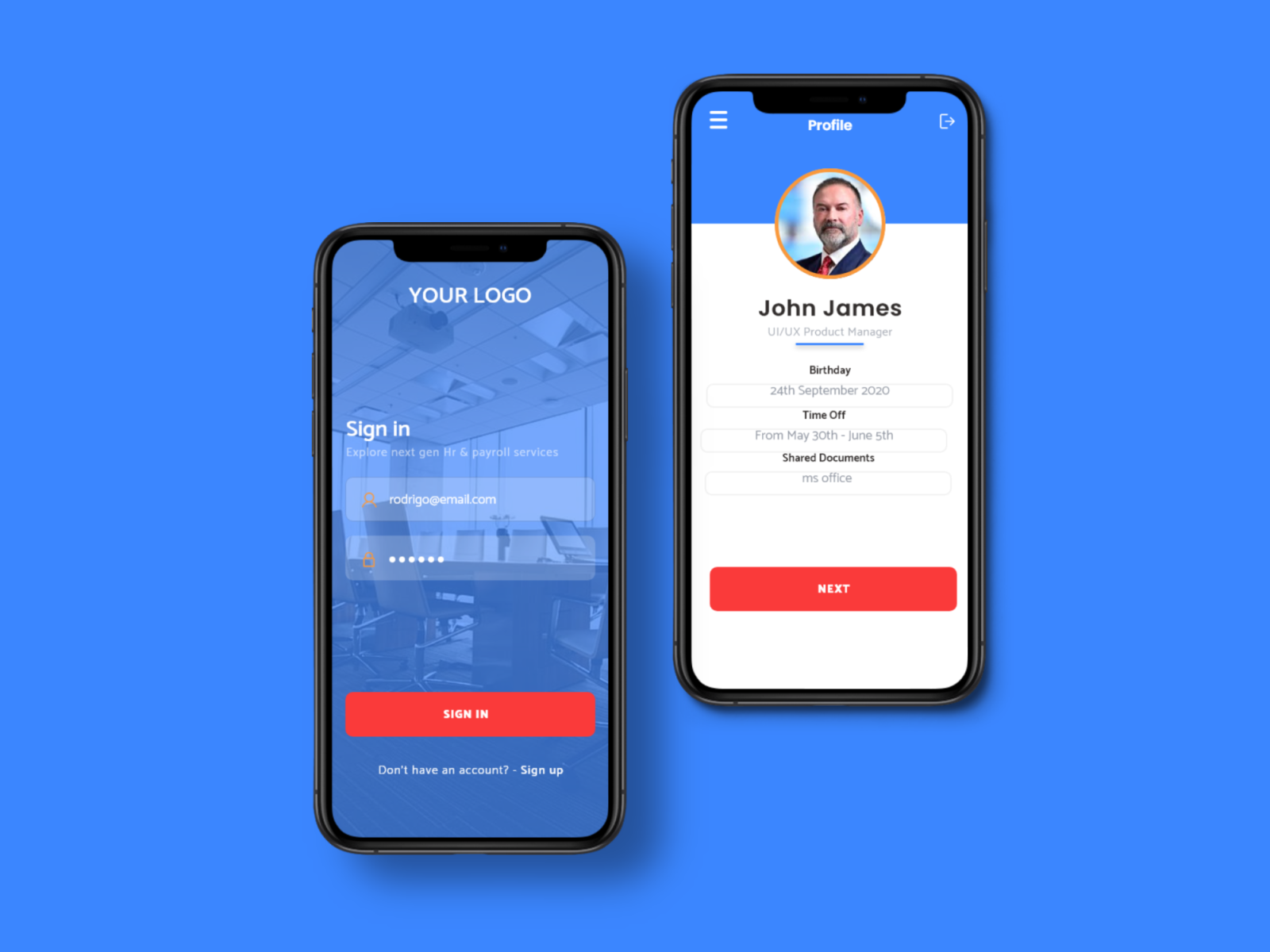 login and profile screens for human resource app by Emeka Agara on Dribbble