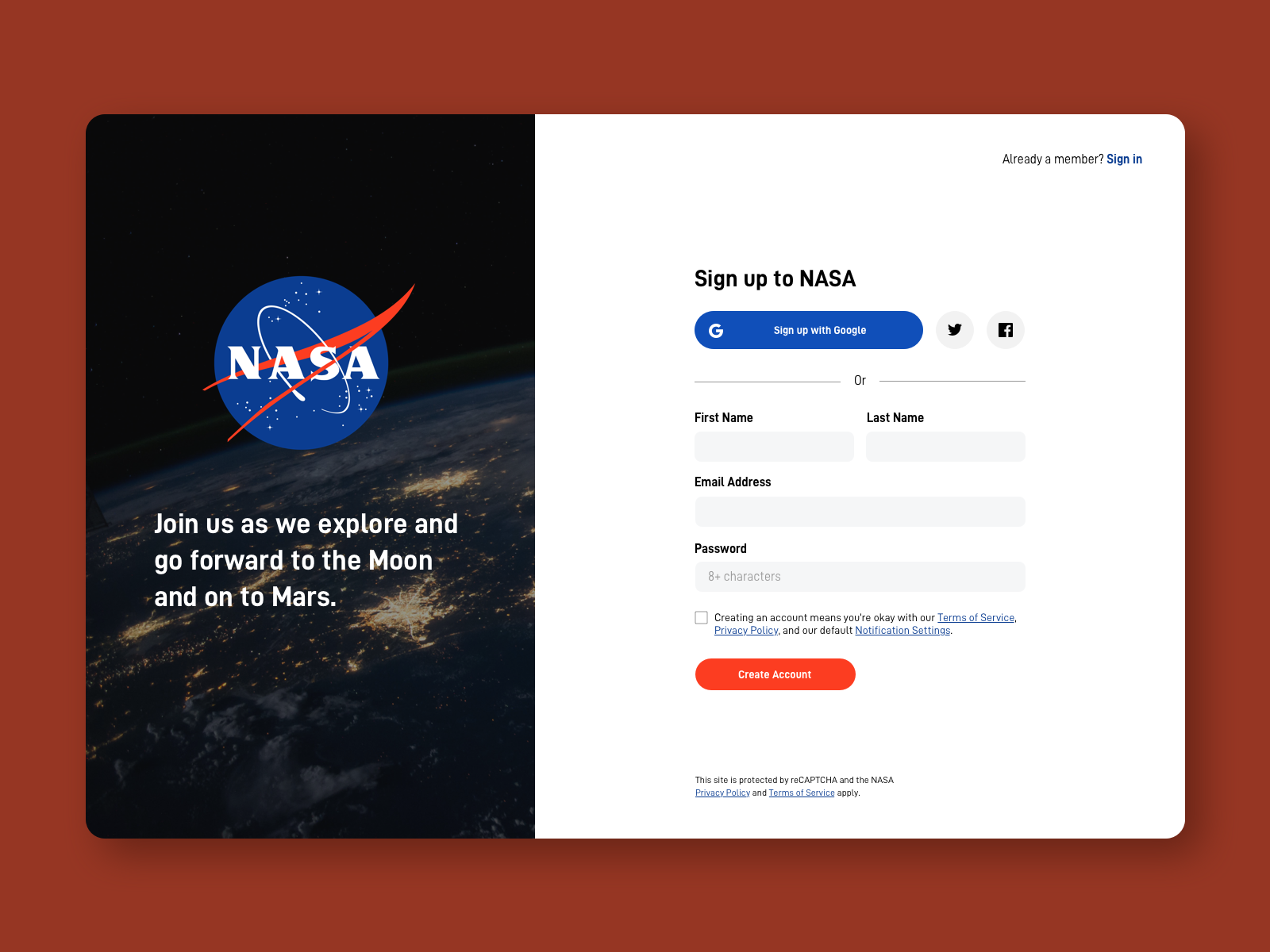 NASA Sign up by Emily Wong on Dribbble