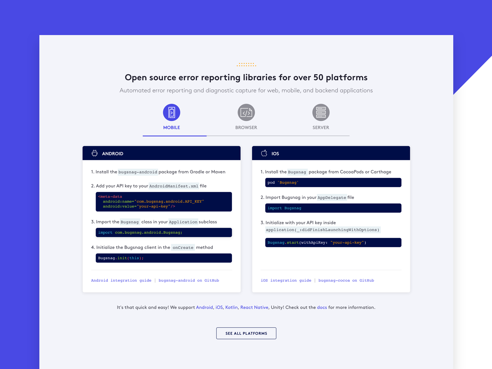 Bugsnag homepage — code snippets by Thuy Pham for Bugsnag on Dribbble
