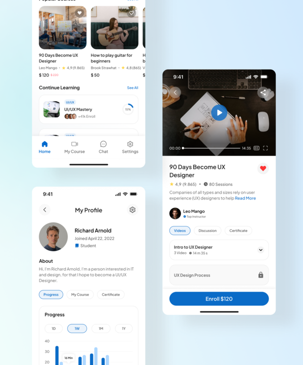 Skillup - Home, Detail, & Profile Screen by Putra Rahmatullah for Agensip UI UX Agency on Dribbble