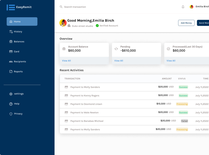 EasyRemit Fintech Dashboard by Adewale Akintade on Dribbble