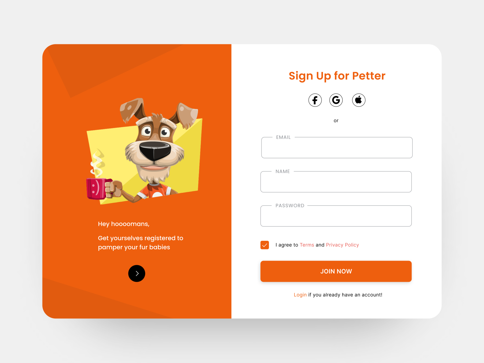Sign up page for pet services by Kshitija Agrawal on Dribbble
