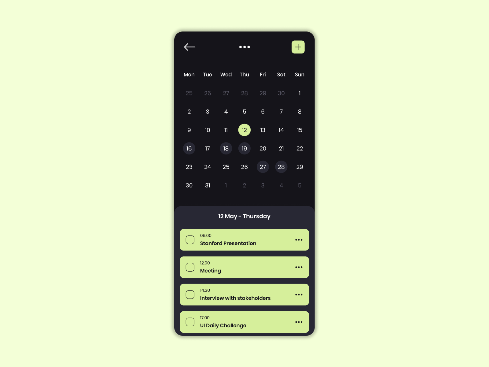UI Daily Challenge #38 - Calendar by Eugene Shatilo on Dribbble