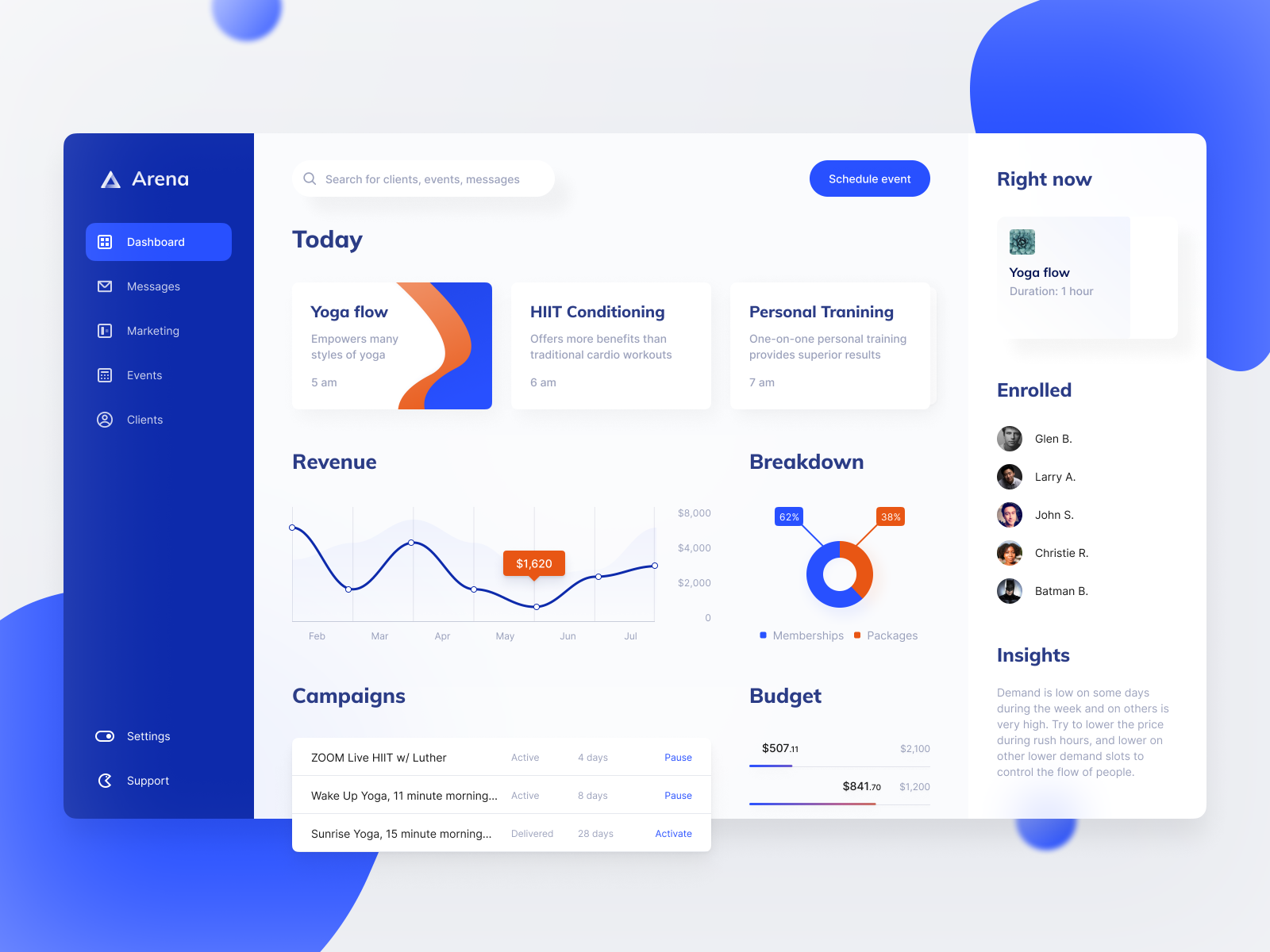 Arena: dashboard & summary screen by Arkady Nuriev on Dribbble