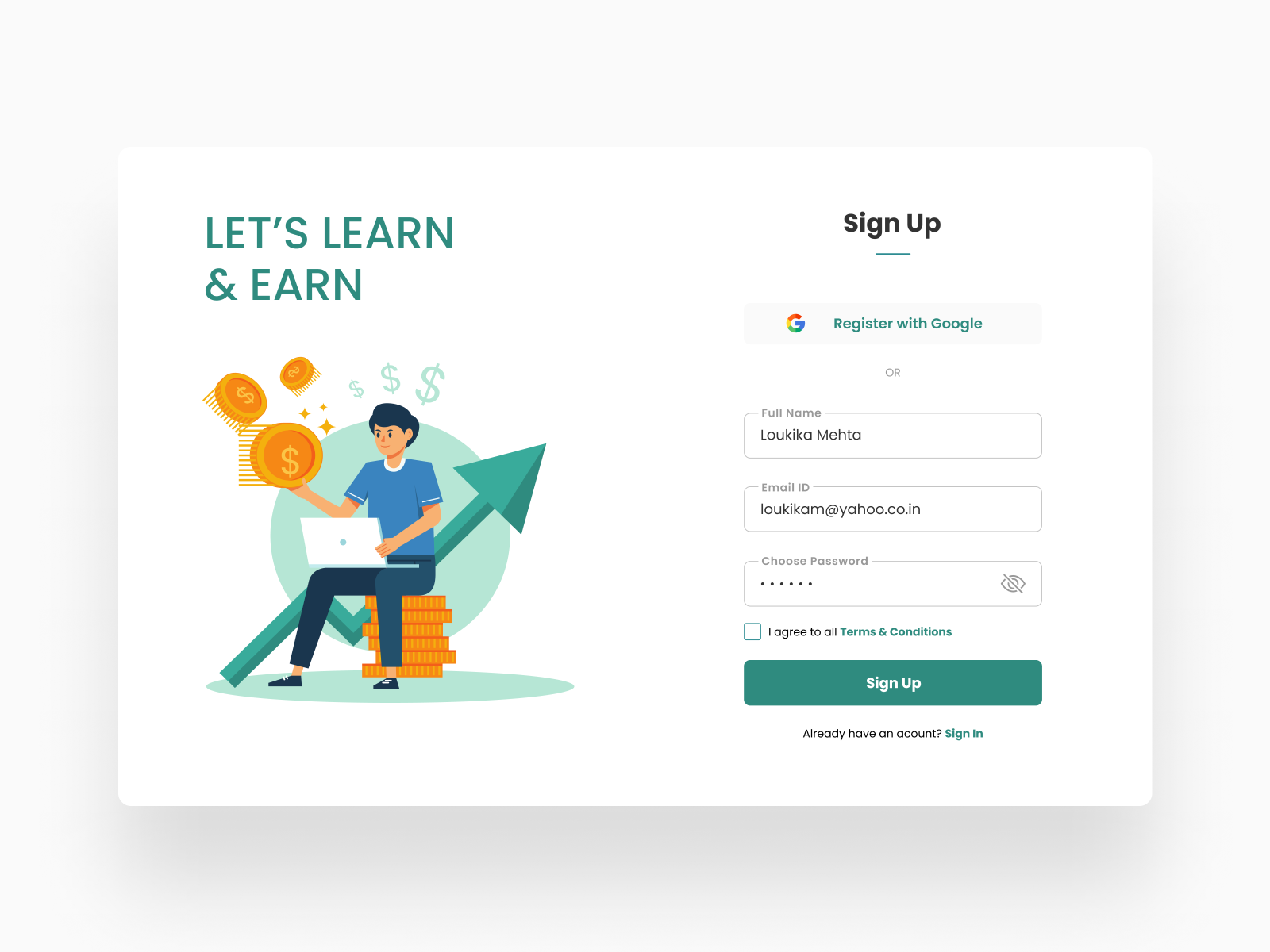 Sign Up page - Learn n Earn by Sanjeev Bawaskar on Dribbble