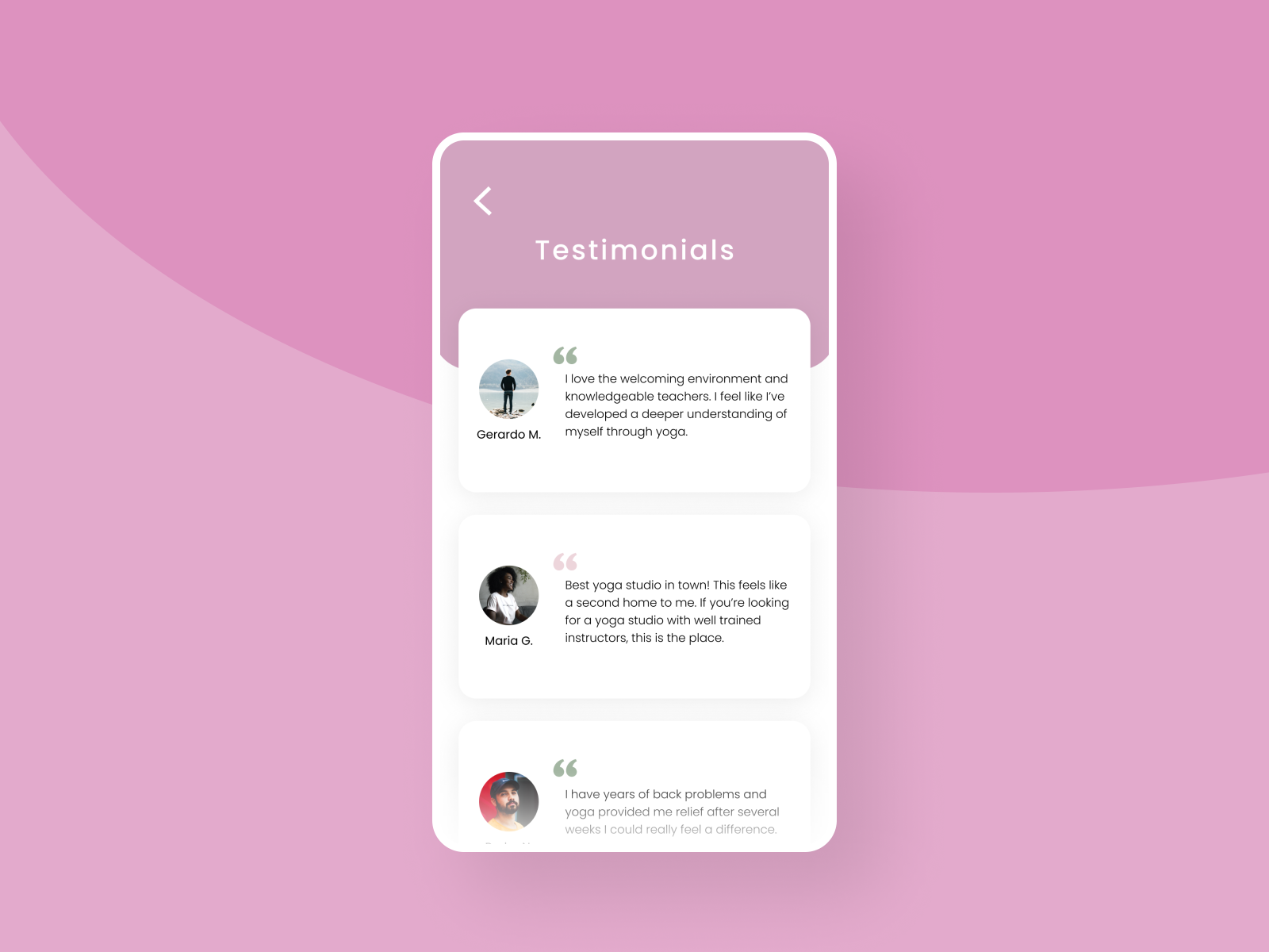 Yoga class testimonial mobile screen design by Jessie Jia on Dribbble