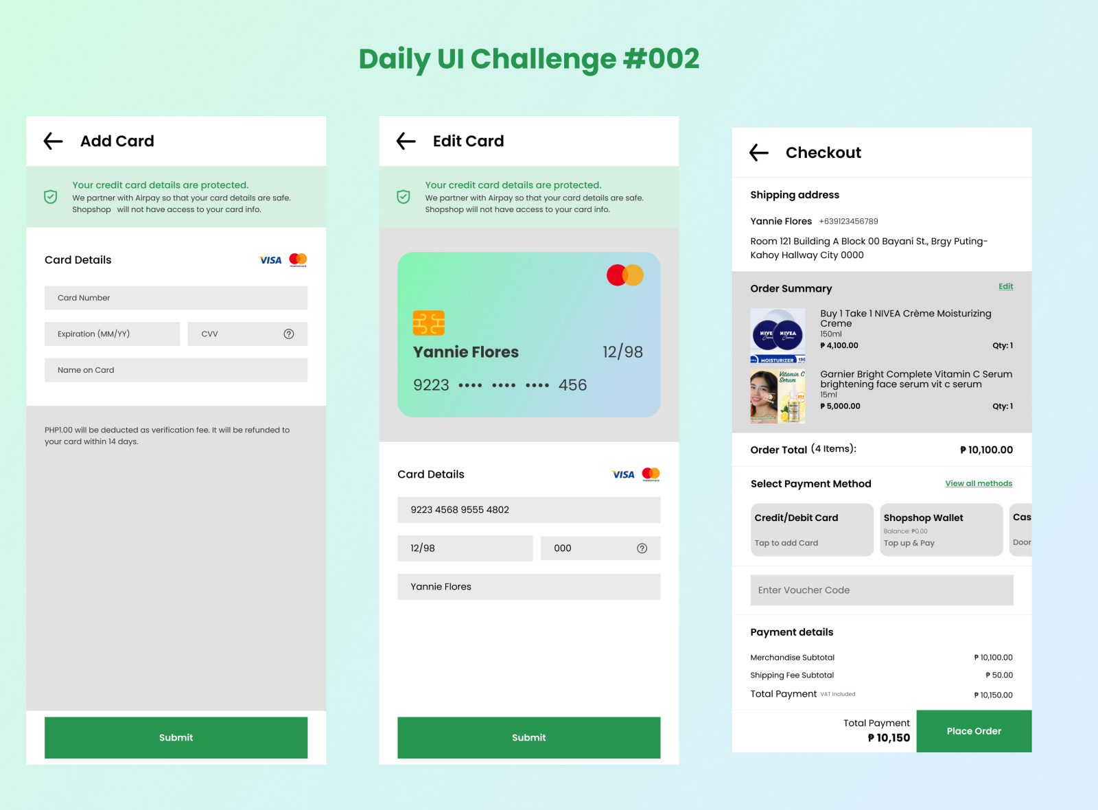 Daily UI Challenge #002 - Credit Card Checkout by Marilou Valles on Dribbble