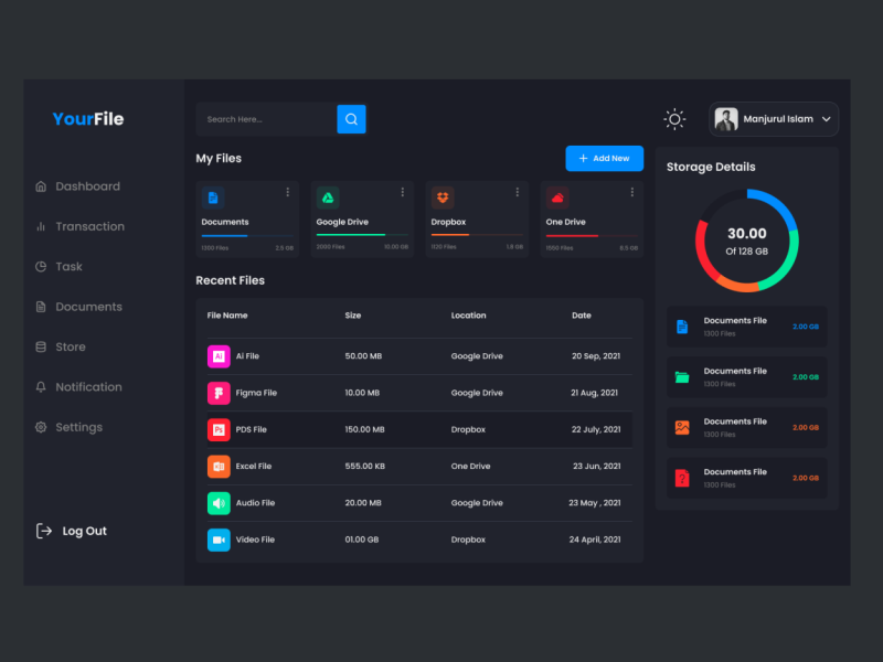 File Storage Dashboard - Drak Mode by Manjurul Islam on Dribbble