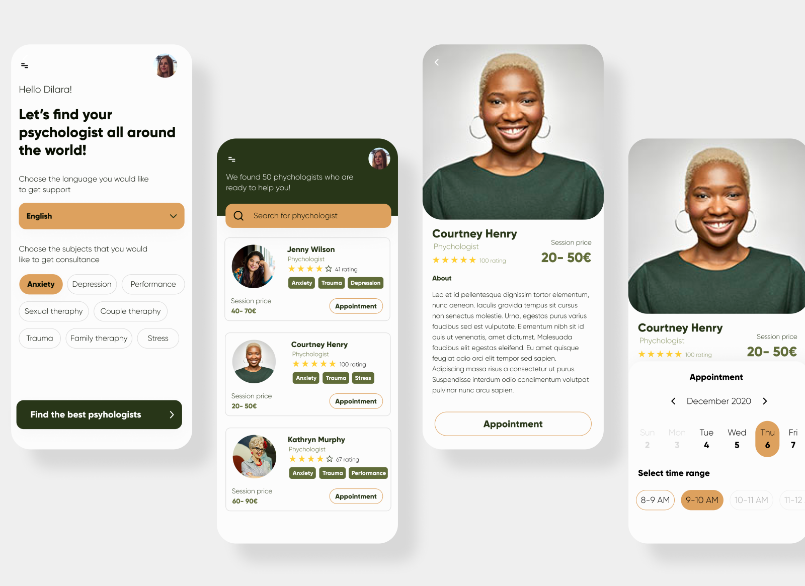 Online mental health counseling app by Dilara Akcakoca on Dribbble