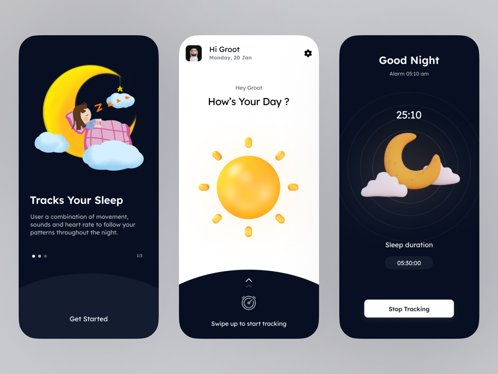 Sleep tracking app ui by Kemil Ramani on Dribbble
