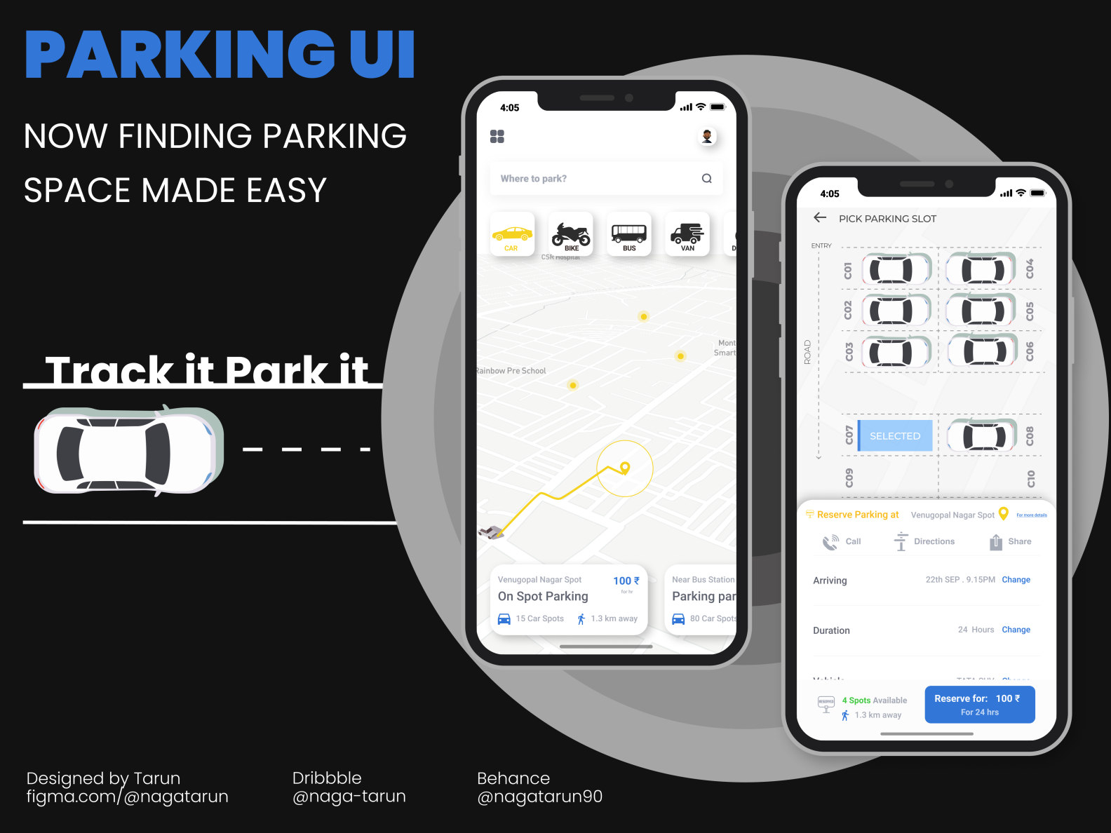 Parking space finder app UI by NAGA TARUN on Dribbble