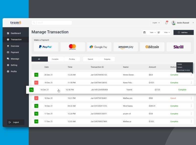 Transaction Page by Team6 UX on Dribbble
