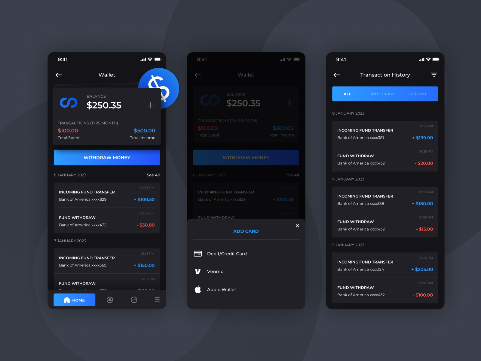 Wallet/Balance & Transaction History UI for Sports Betting app by ...