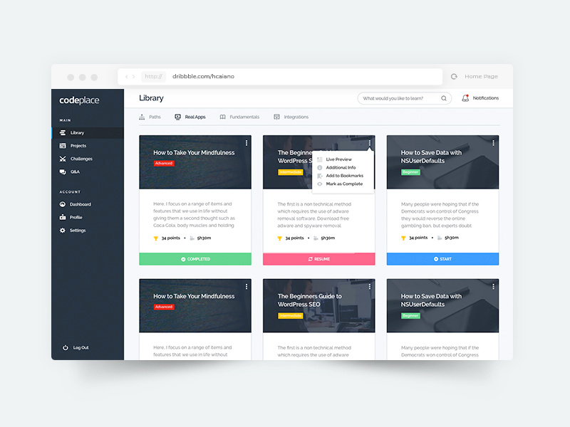 Courses Library by Henrique Caiano on Dribbble