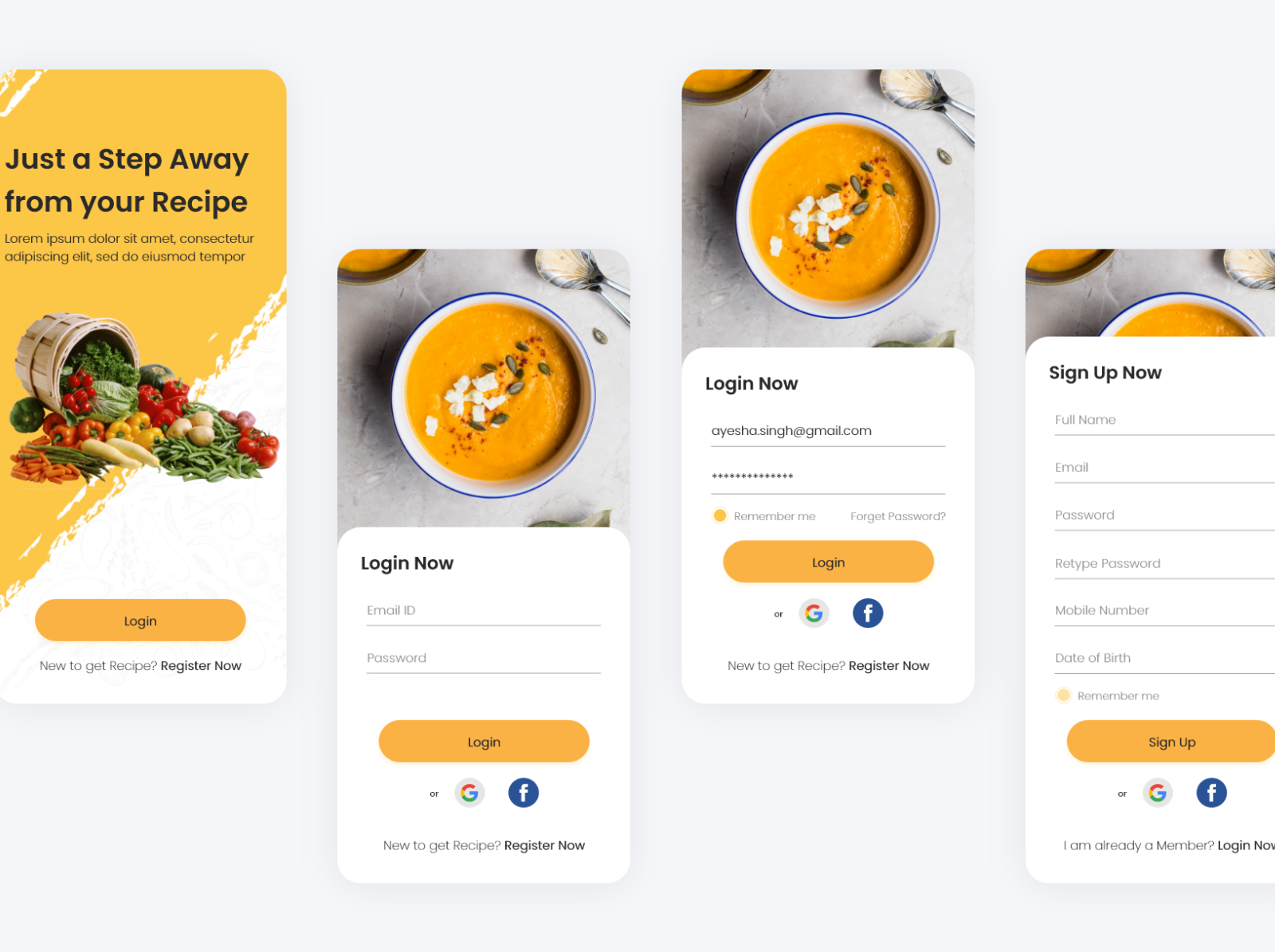 Find your recipe - Login/sign up screens by Pixians Design on Dribbble