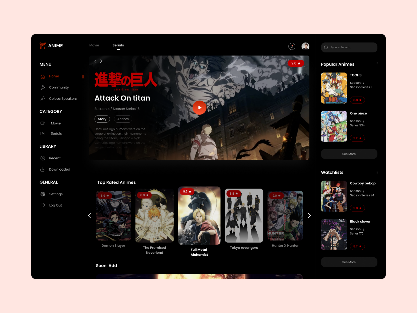 Anime App Dashboard by Vako Pirtskhalava on Dribbble