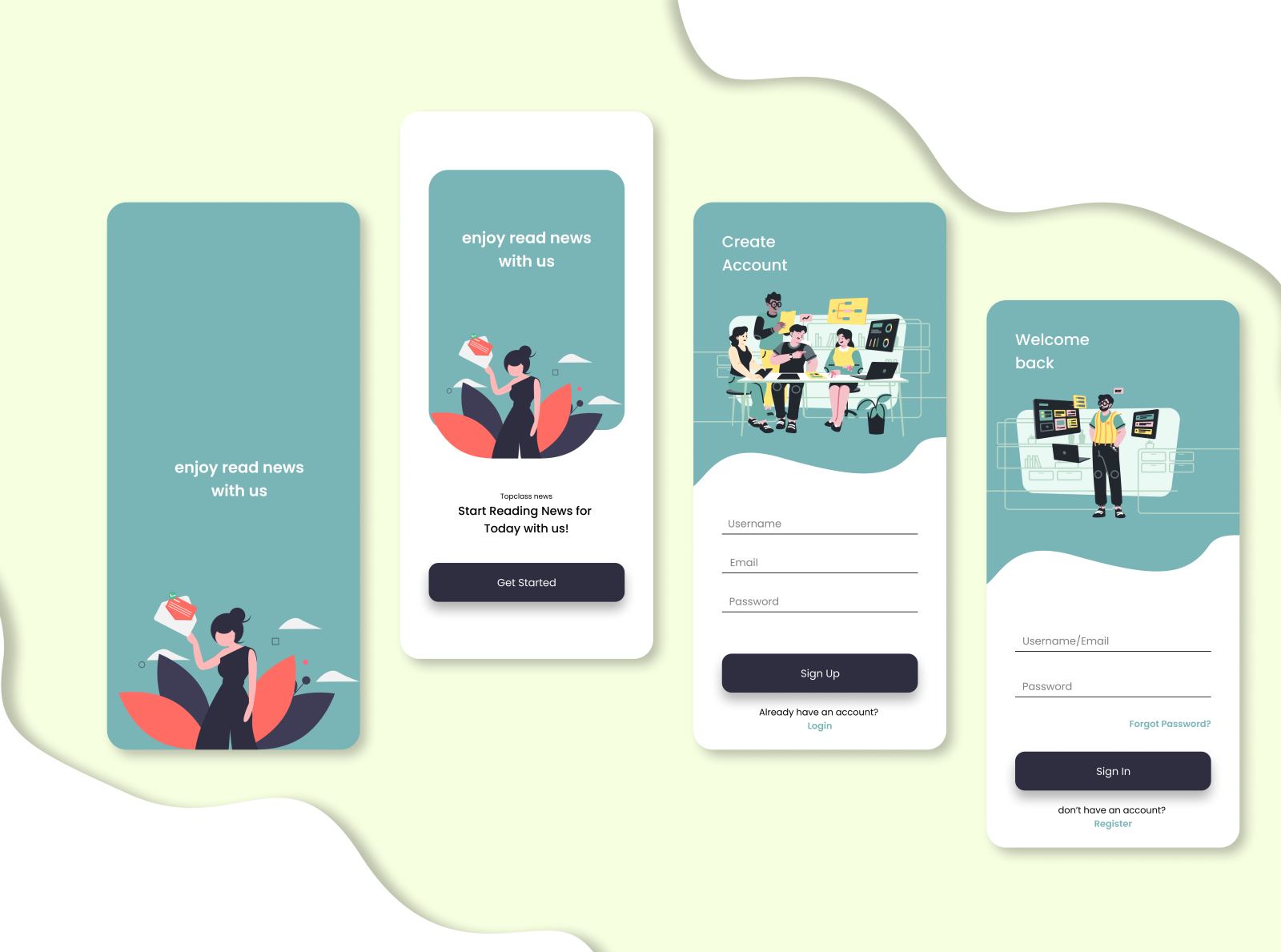 Auth screens for news mobile app by Dwiki Darmawan on Dribbble