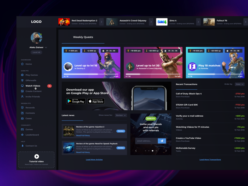 Game Dashboard – Home by Aleks Daiwer on Dribbble