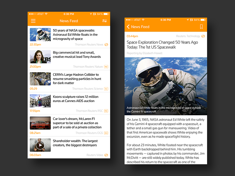 News Feed and Article View by Stephen Pearson on Dribbble