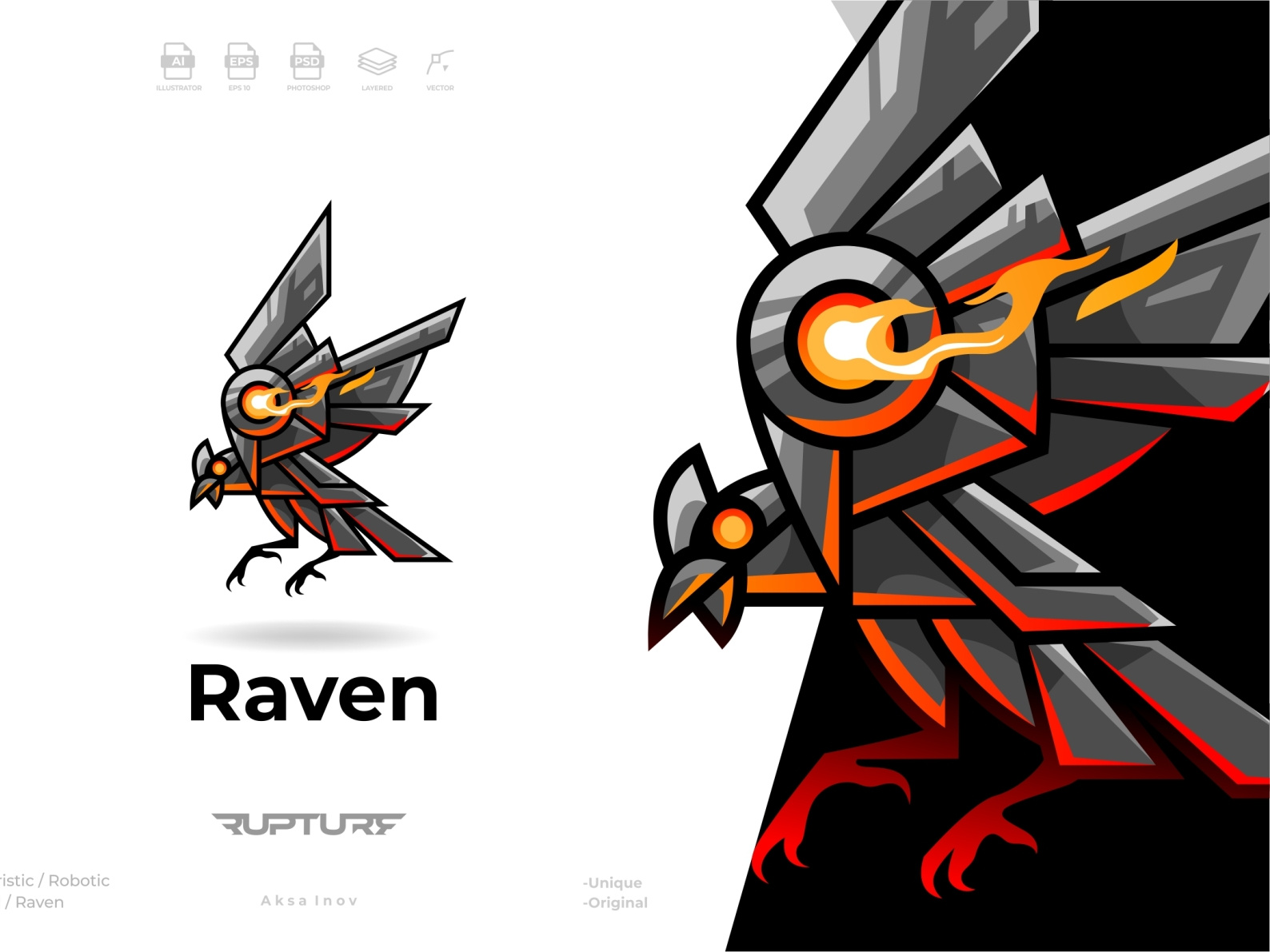 unique robotic, mecha, futuristic, raven logo style design by Aksa Inov ...