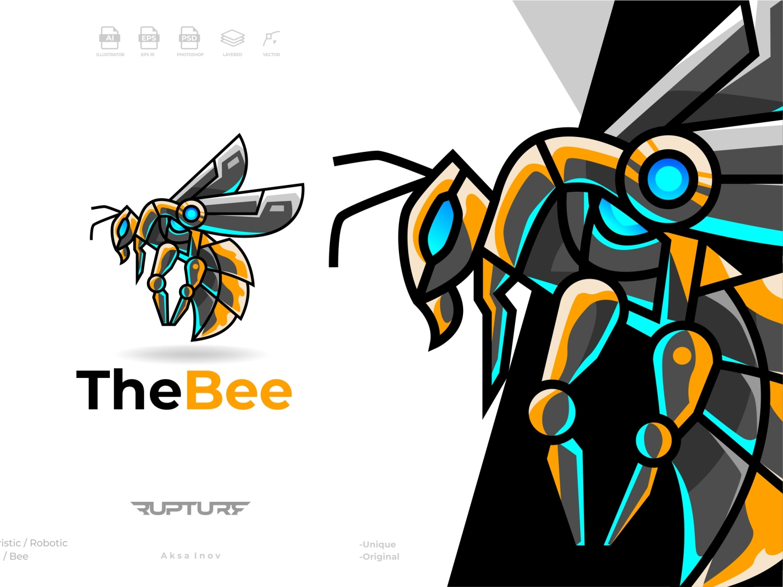 unique robotic, mecha, futuristic, Bee logo style design by Aksa Inov ...