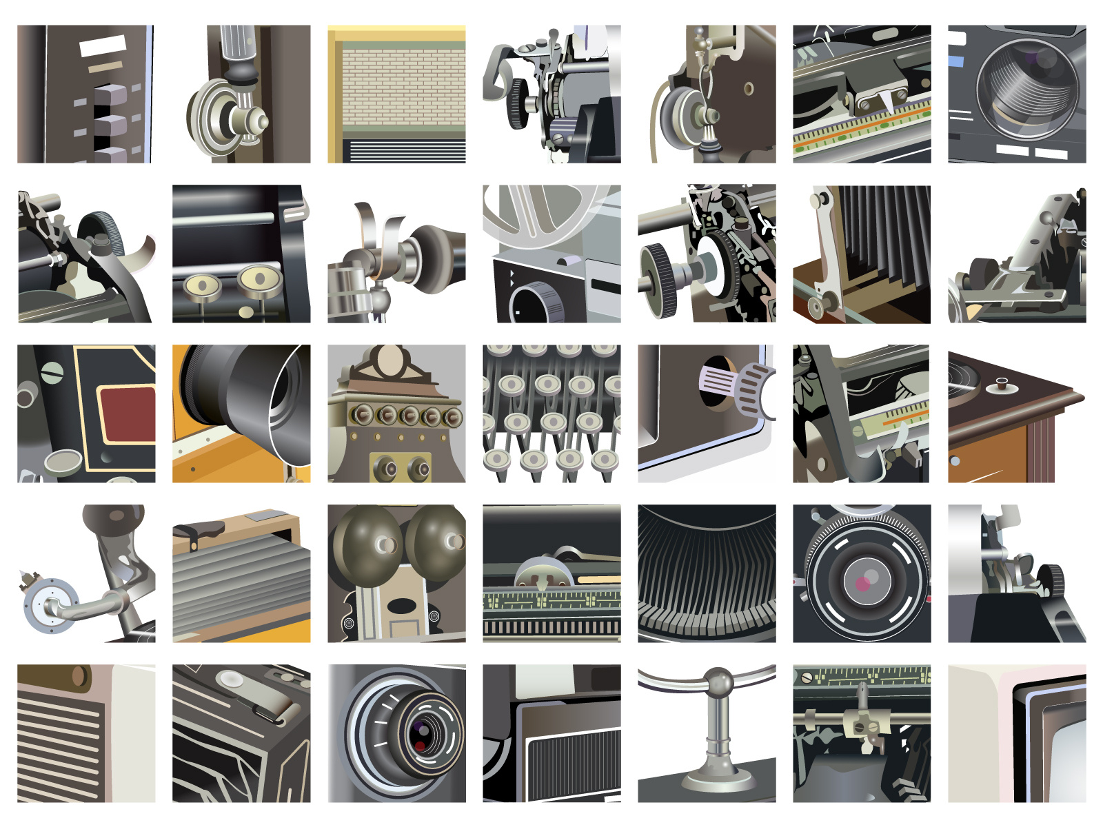 set of retro devices and mechanisms details vector illustrations by ...