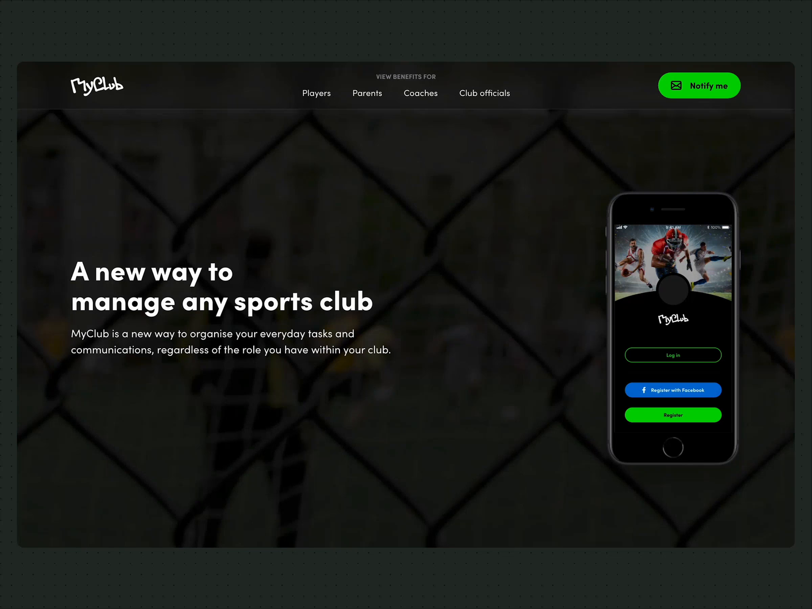 Promotional website for MyClub app by Gustavs Kalvis Auniņš on Dribbble