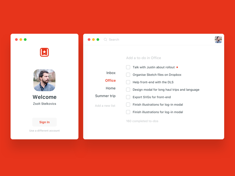 Wunderlist redesign - login and main screen by Zsolt Stelkovics on Dribbble