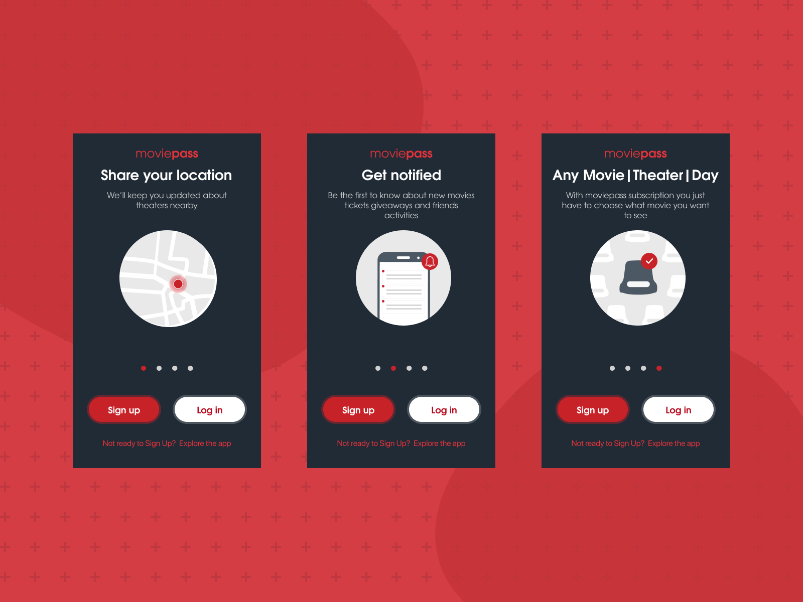 Moviepass app on-boarding screens by Dizparada on Dribbble