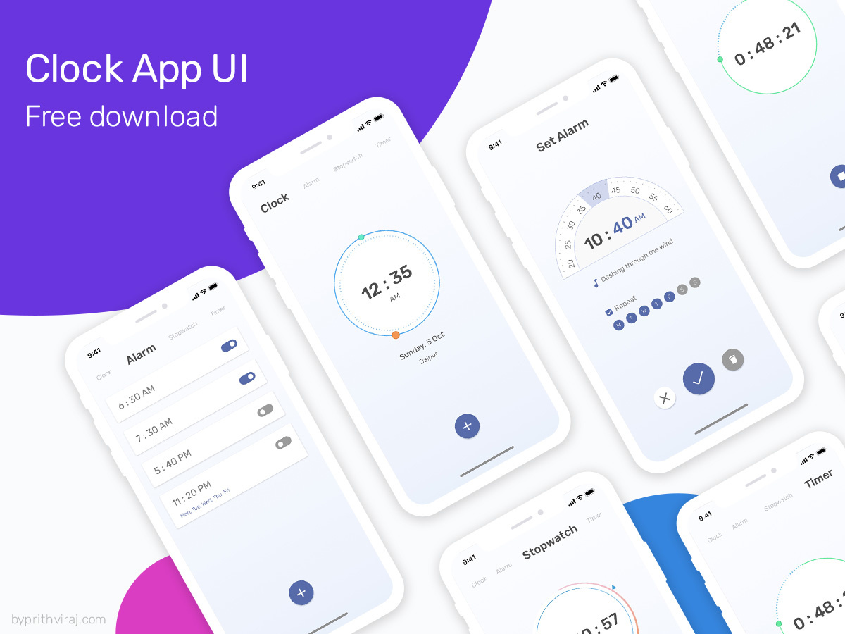 Free Clock App UI by Prithviraj Singh Hada on Dribbble