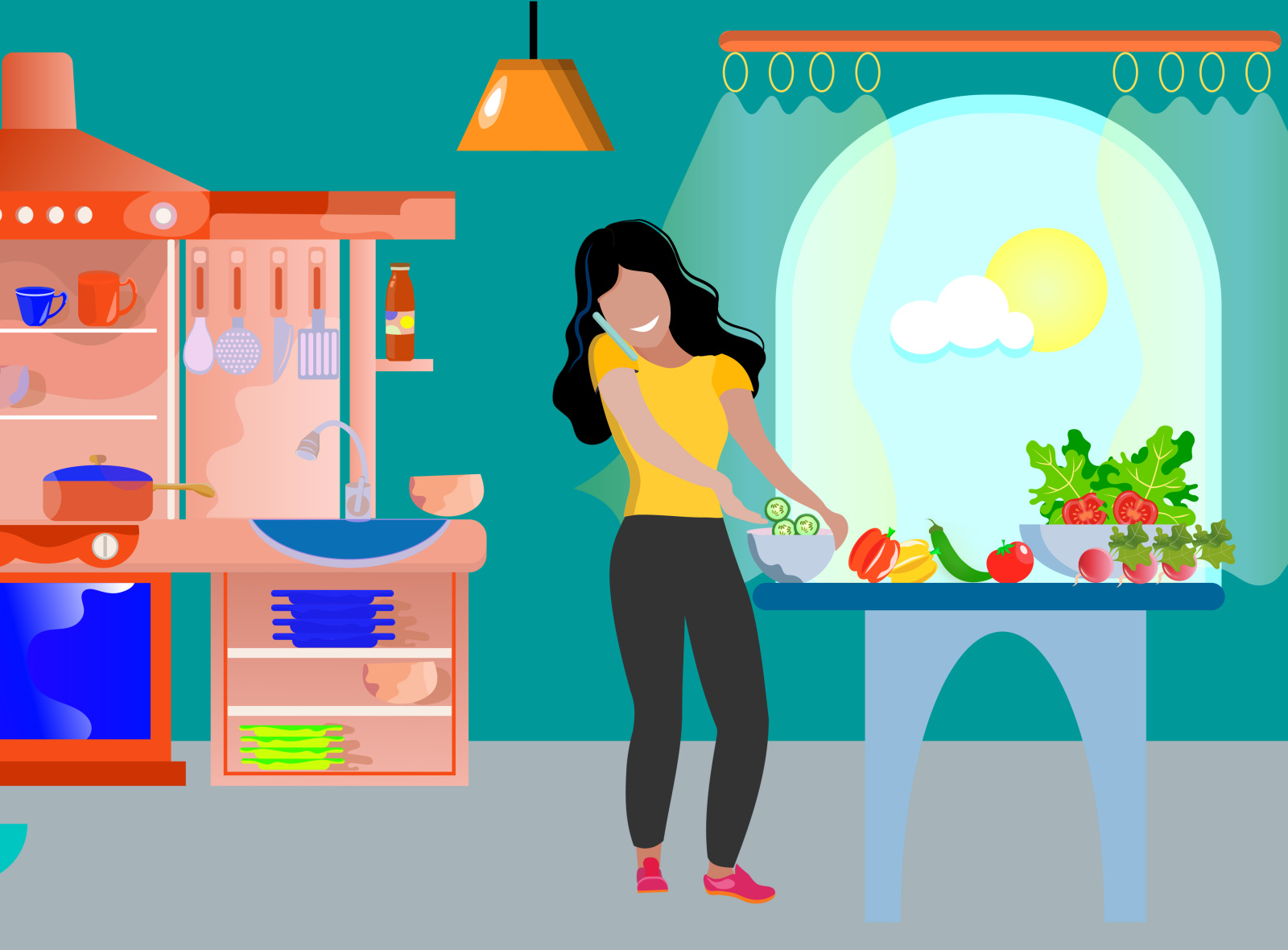girl cooking and speaking on mobile by Olga on Dribbble