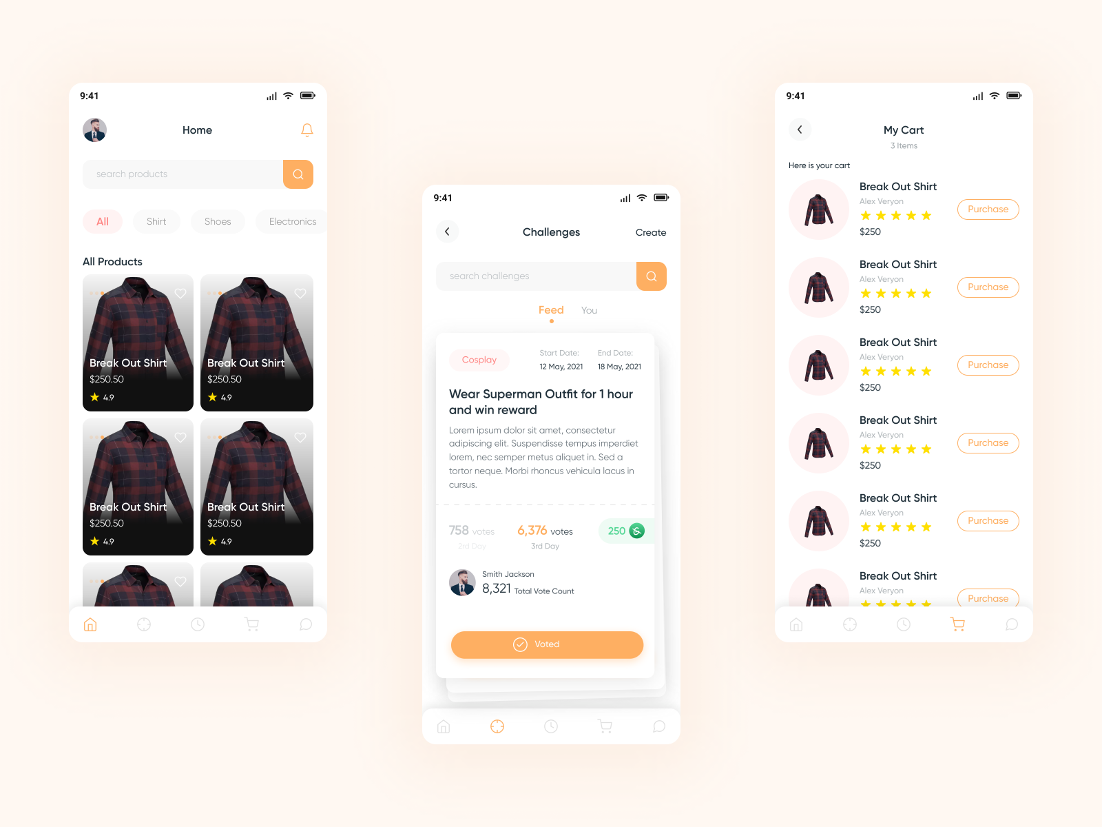 E-commerce mobile app. product home, challenges, my cart UI by Faizan ...