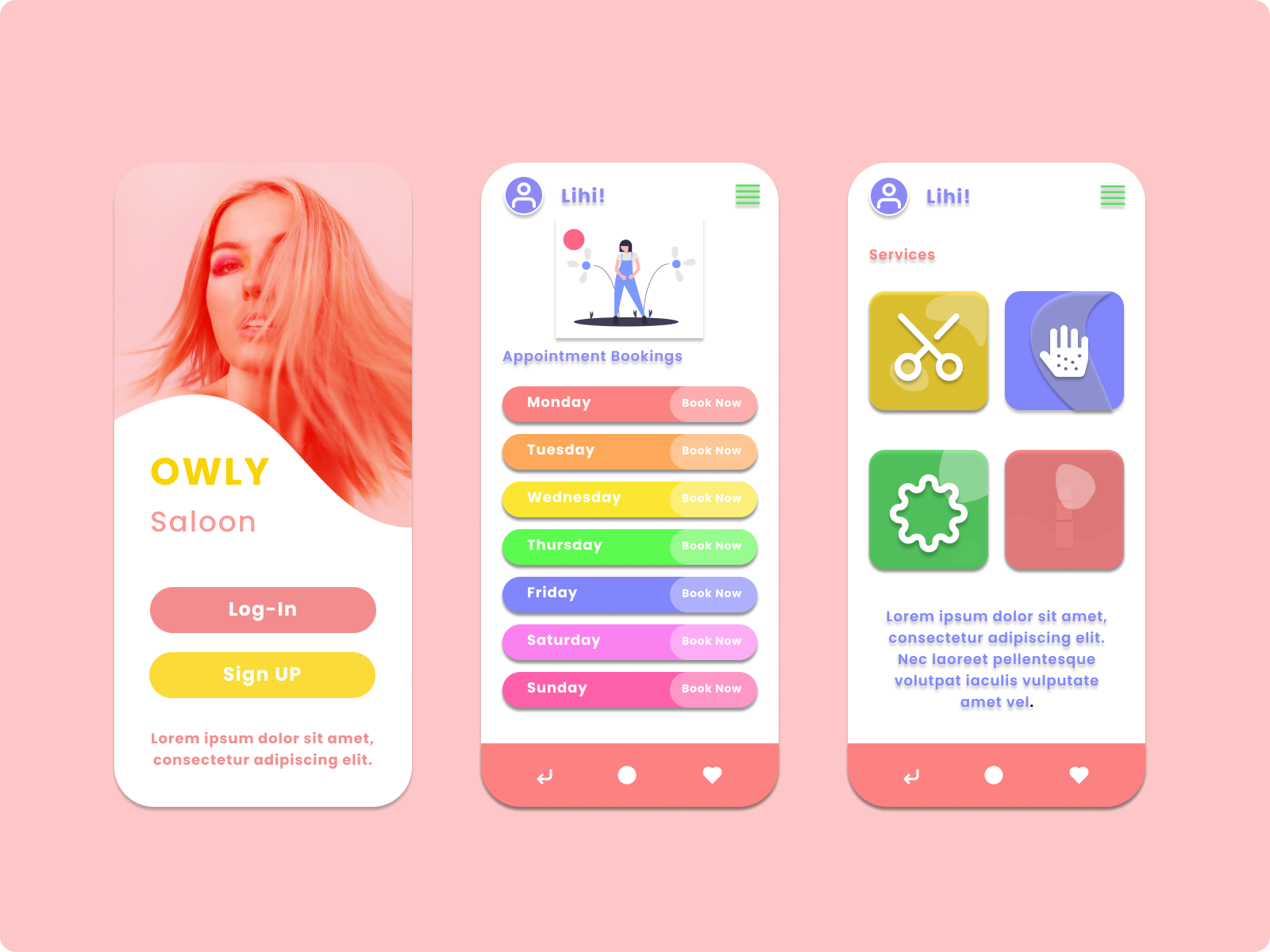 Simple mobile app design for a Saloon OWLY by Lihini Jinanjalie on Dribbble