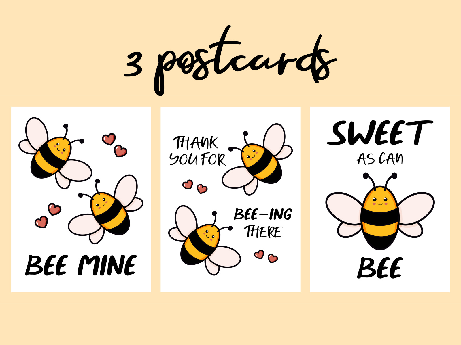 Cute bee set of three cards. Hand drawn collection of postcards by Anny ...