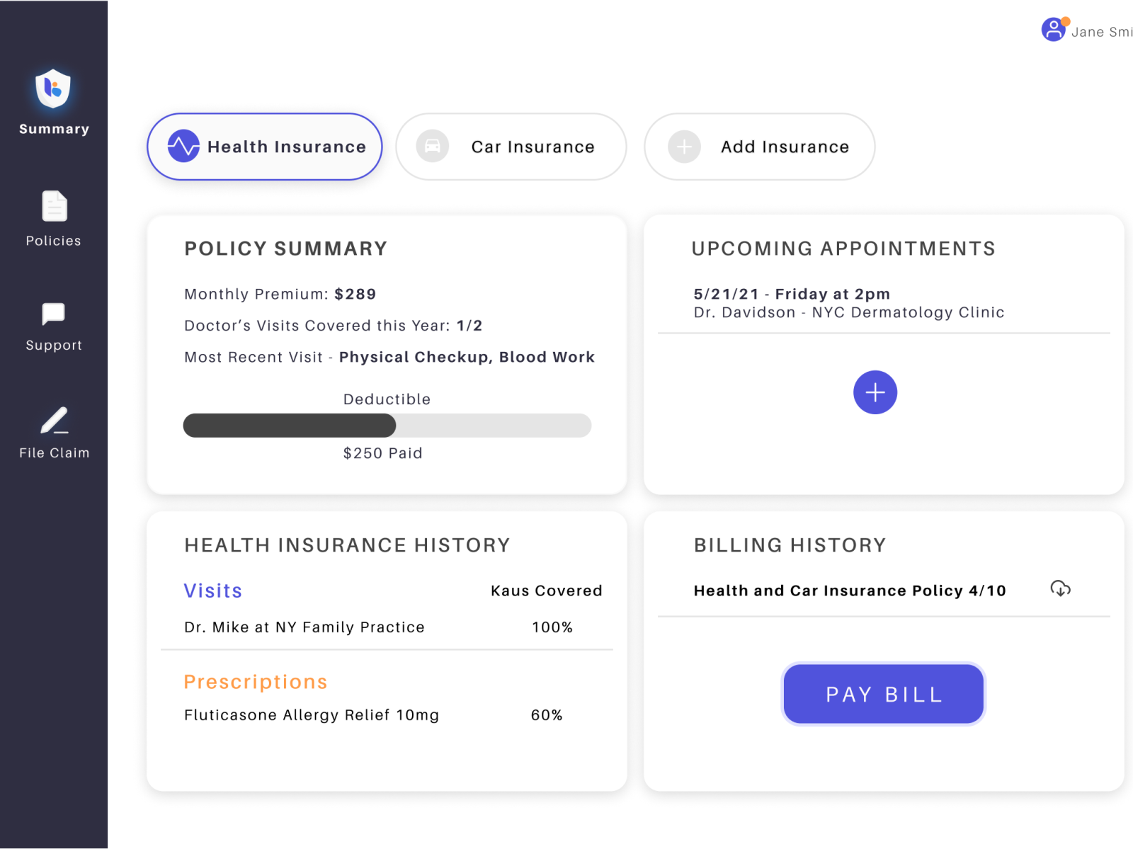 User Dashboard Insurance Company by Austin Silberman on Dribbble