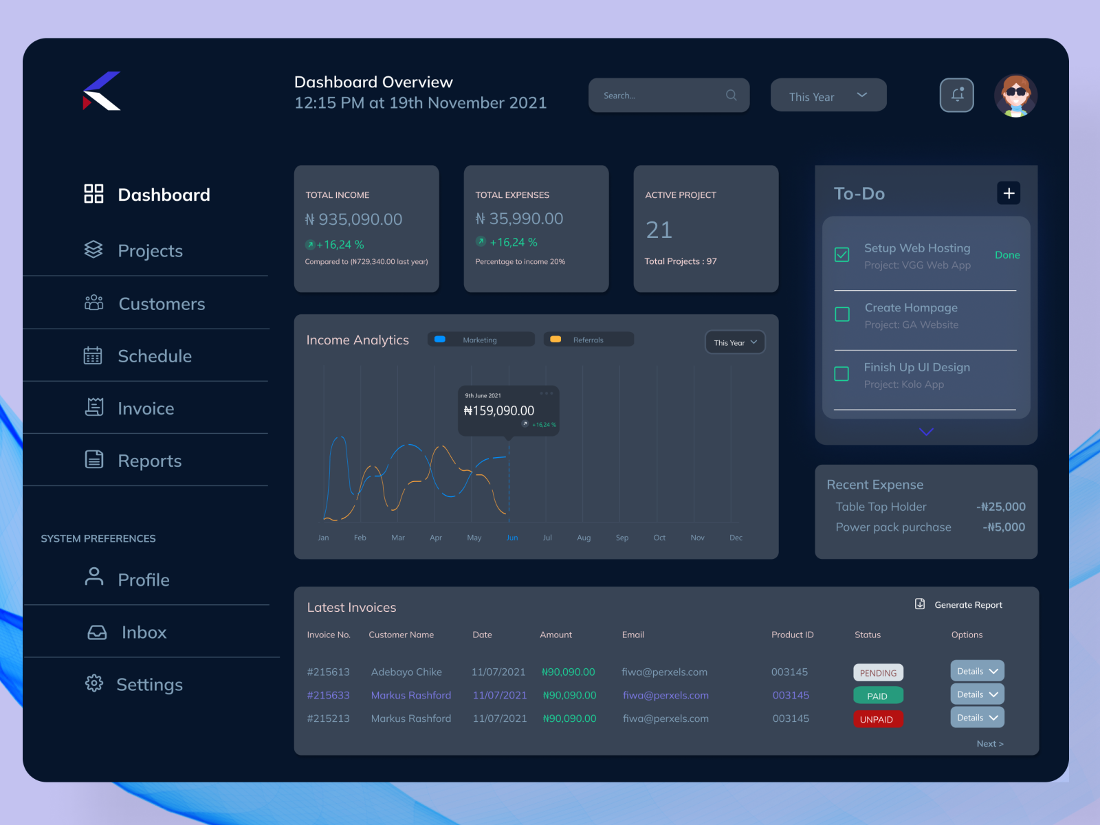 Dashboard Design In Dark Mode For Freelancer CRM by Adebayo Chike on ...