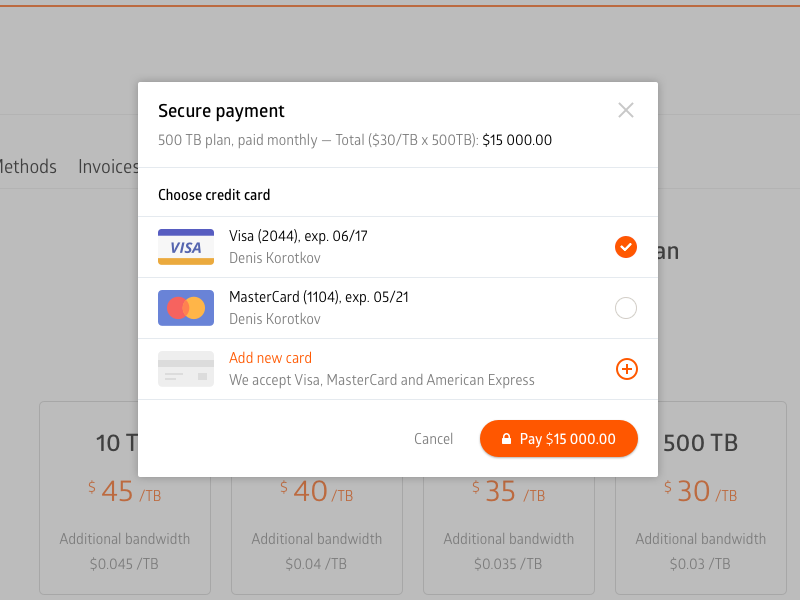 Payment Modal by Dann Korotkov on Dribbble