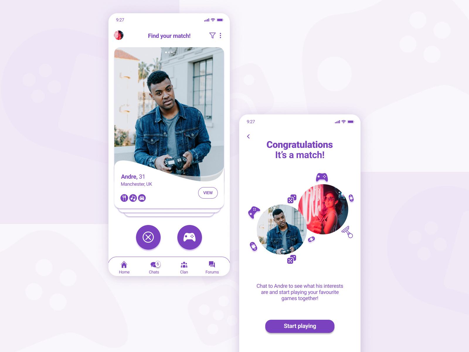 Gaming profile matching screens by Alix Ball on Dribbble