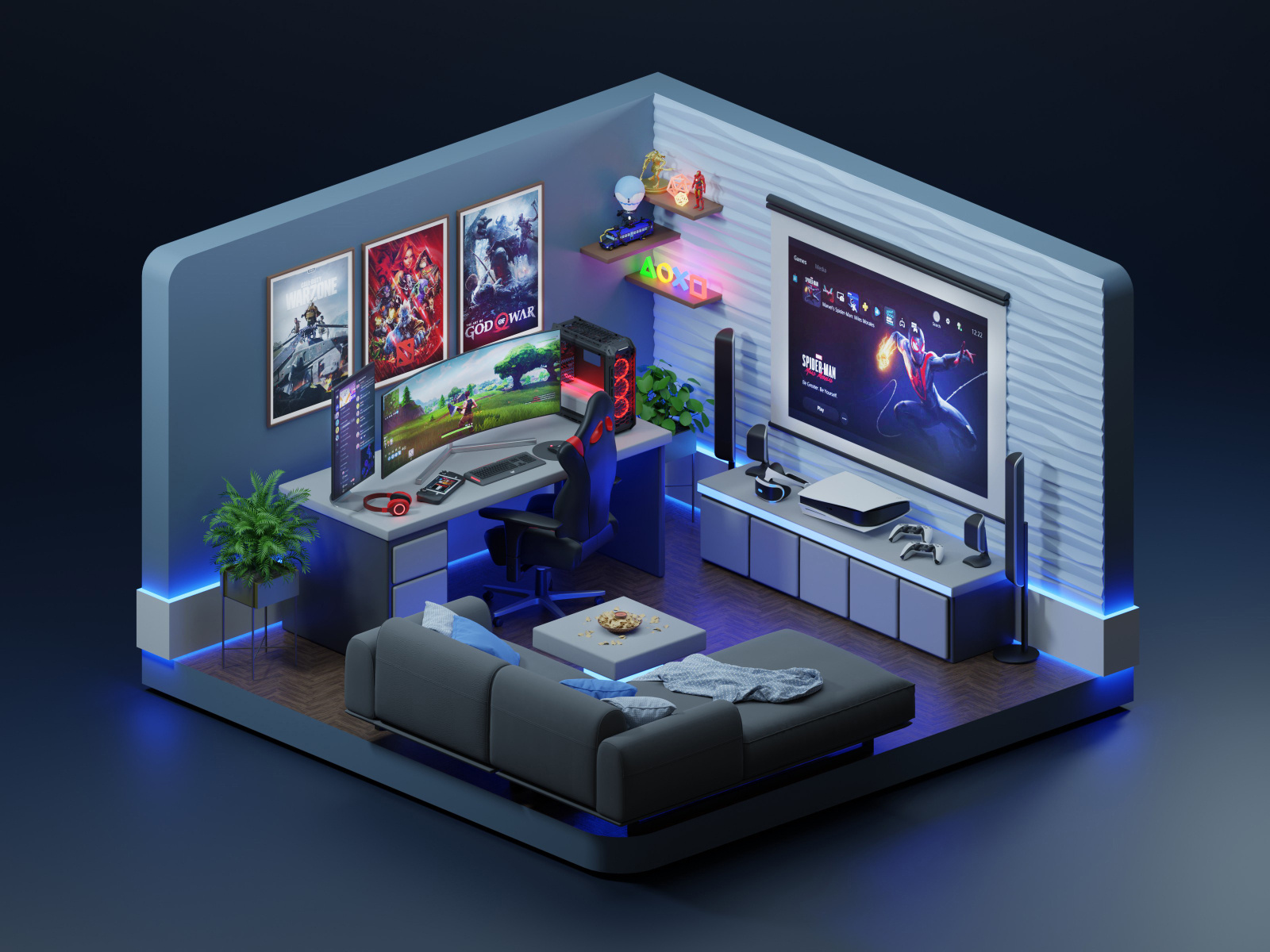 Game room 3d illustration by Tene Design for Pela Design on Dribbble
