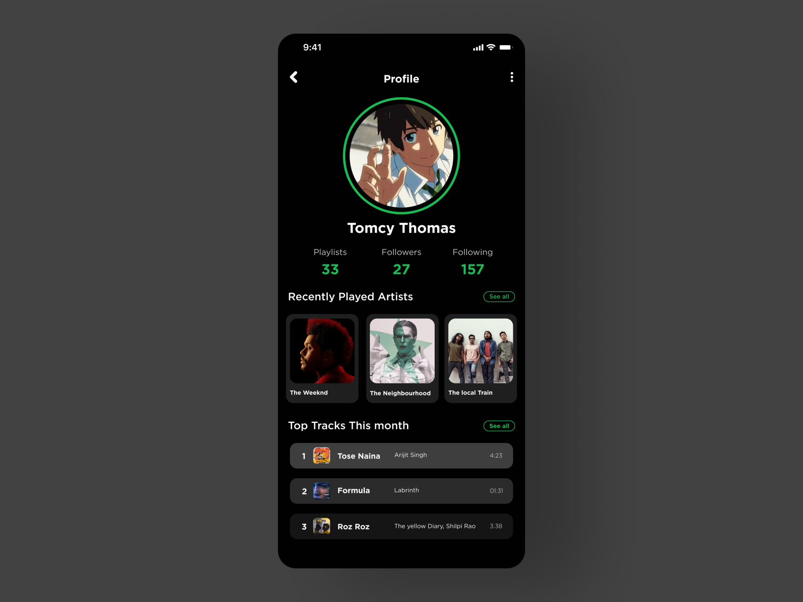 Spotify profile UI Design by Tomcy Thomas on Dribbble