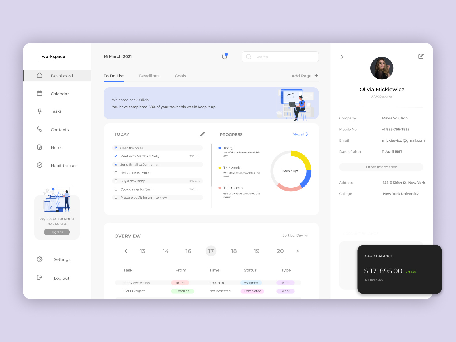 Workspace dashboard by Olya Nguyen on Dribbble