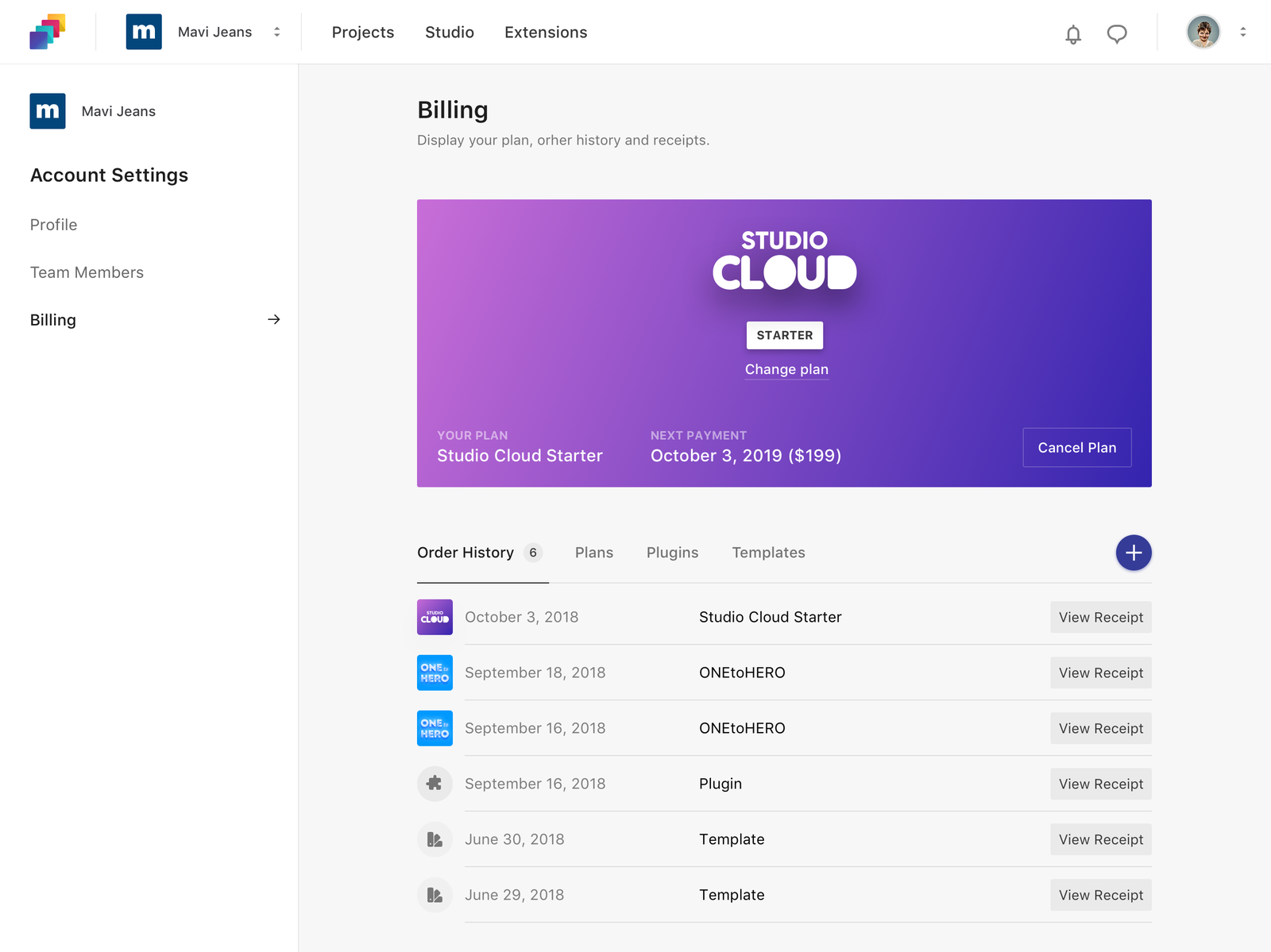 Billing page for Studio by Ersin Çelik for Anamorfoz on Dribbble