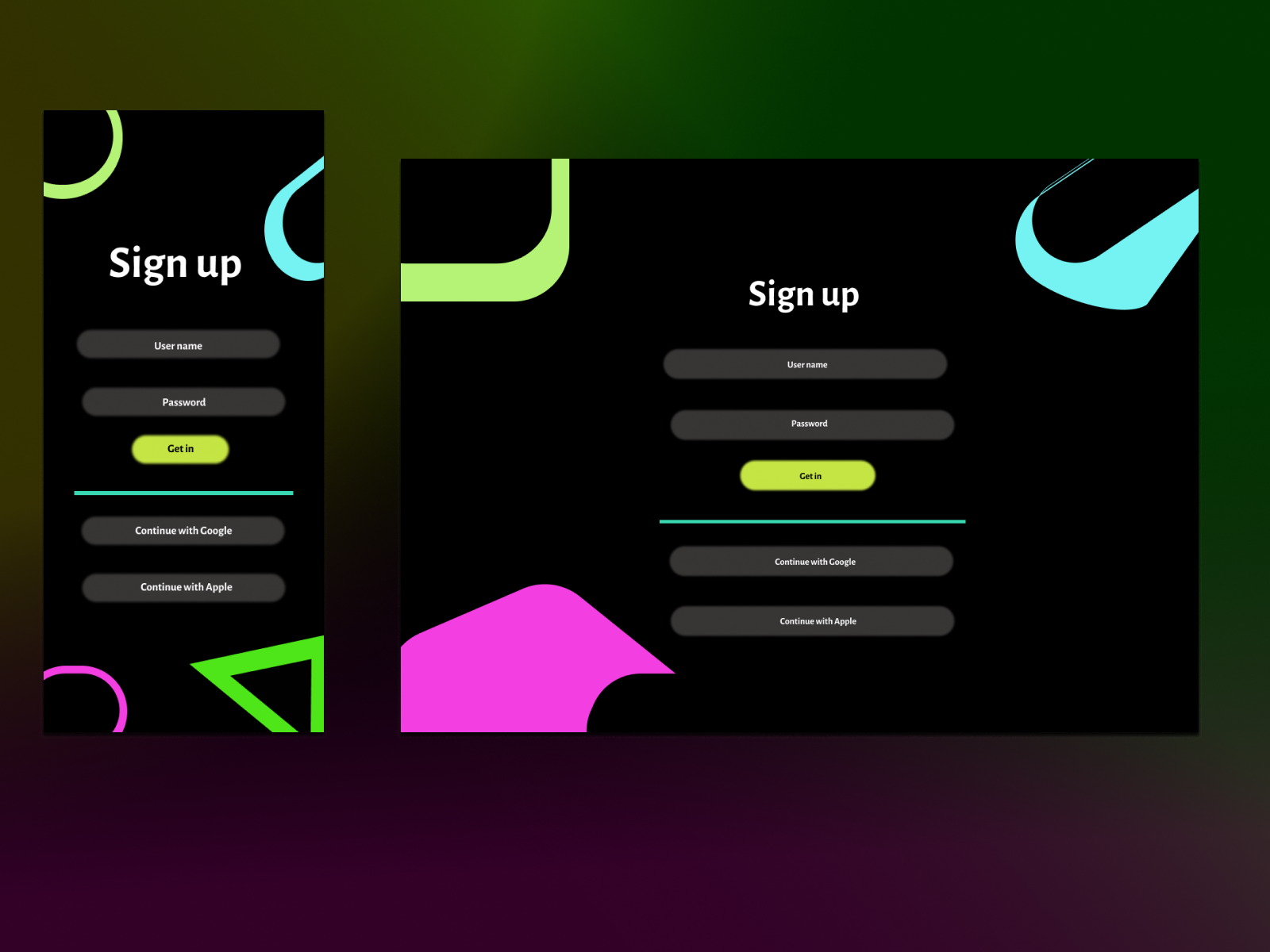 Sign up page with black background by Shirley J on Dribbble