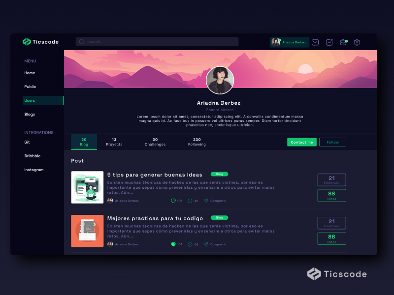 Ticscode Perfil UI/UX Dark mode by Ariadna Derbez on Dribbble