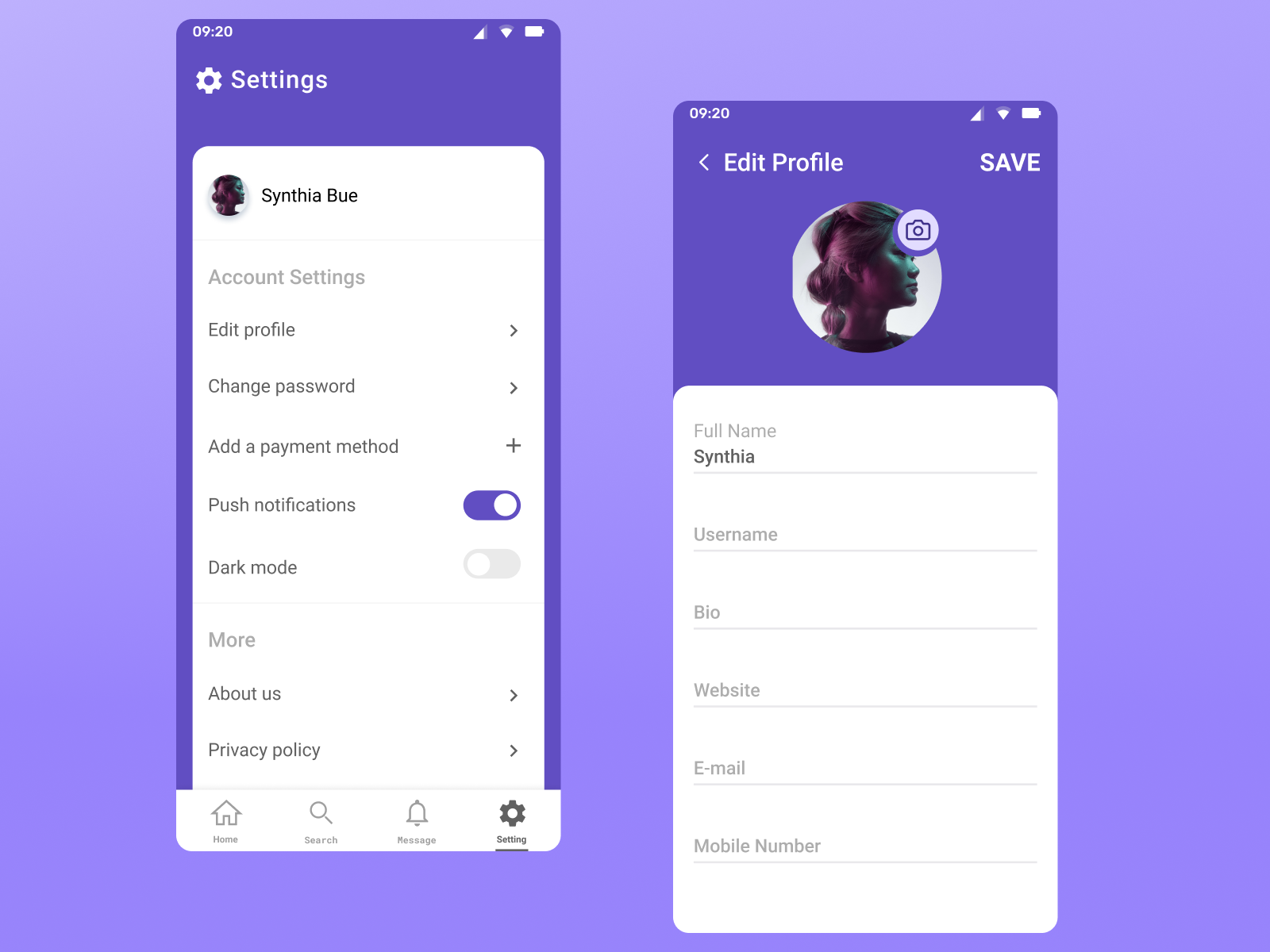 User Profile and Setting with Purple Themes by Synthia on Dribbble