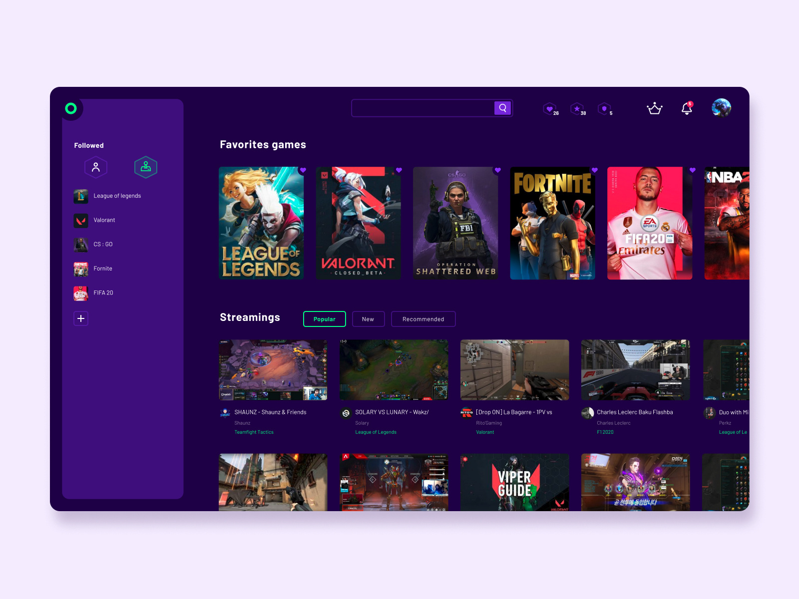 Game streaming • UI Interface by Jérémie Knops on Dribbble